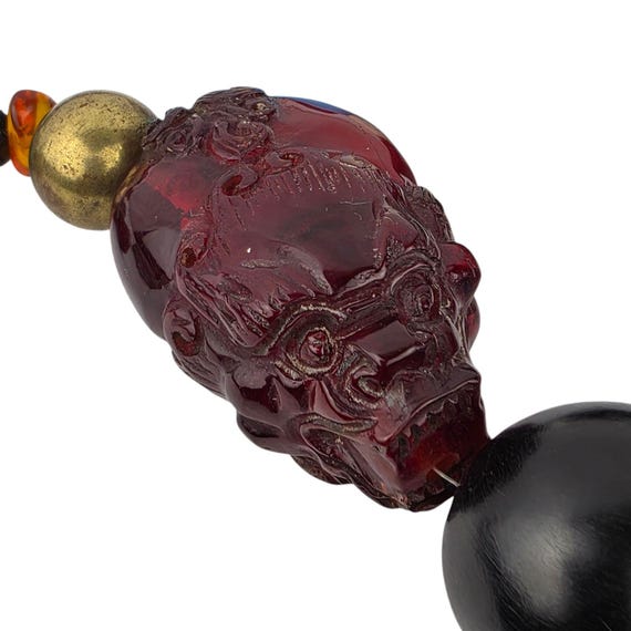 Red Amber Carved Dynasty Dragon Statement Necklace 17" - Gem