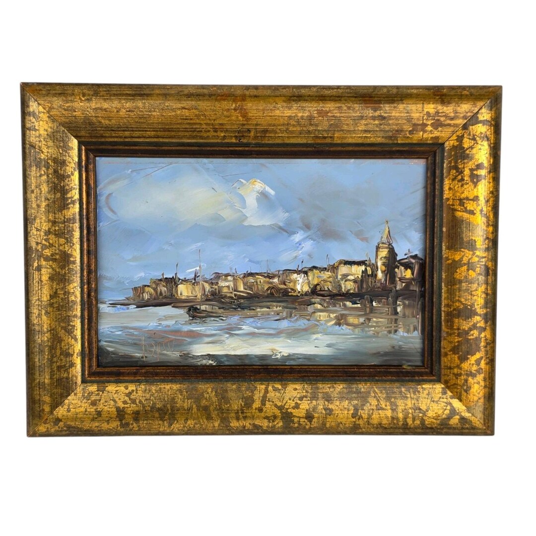 Signed Angelo Bajuk Impression Painting of a City Oil on Metal 8" X 6 ...