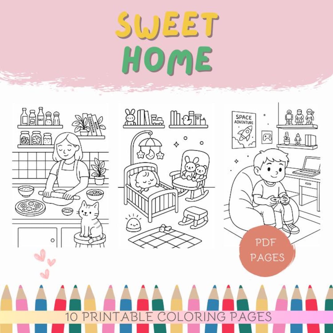 10 Cozy Home Coloring Pages | Cute Family and Room Scenes | Instant ...