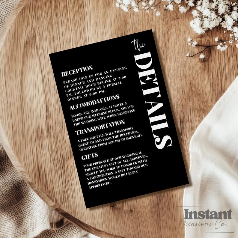 Black Tie Wedding Details Card Template, Editable Classic Insert ...