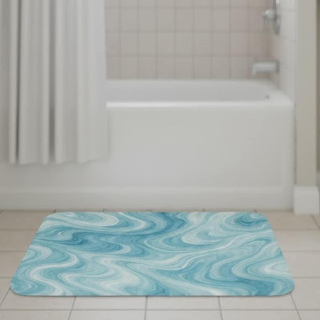 Calming Blue Marble Bath Mat, Plush Bathroom Rug, Soft Home Decor, Spa ...