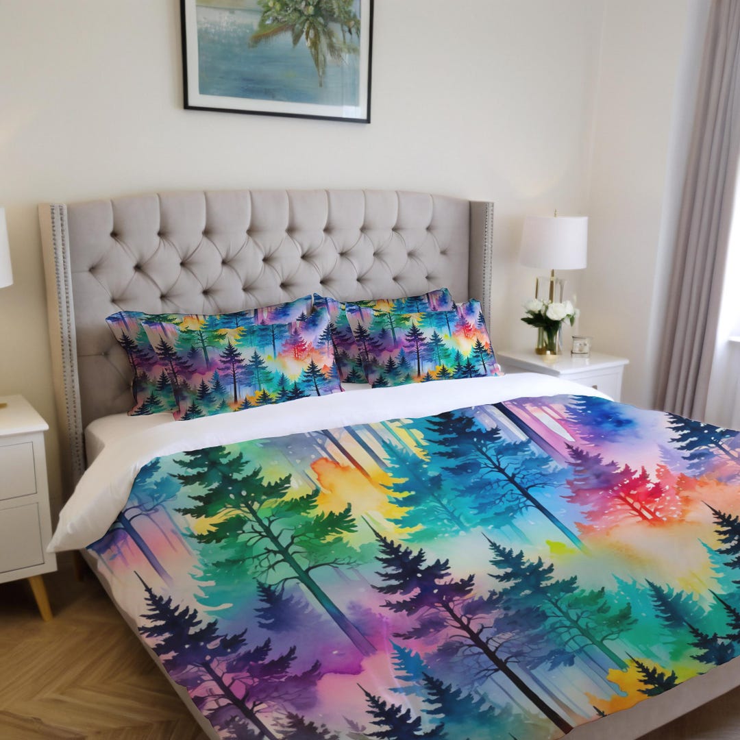 Watercolor Forest Landscape Dreamy Comforter, Duvet Cover Matching ...