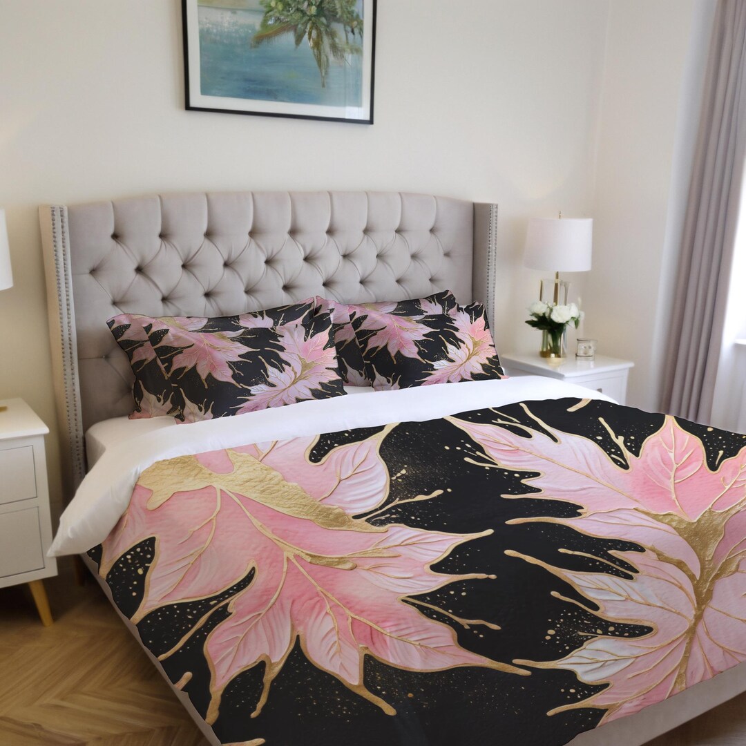 Luxury Pink, Gold Maple Leaf Comforter Set - Elegant Black Bedding With ...