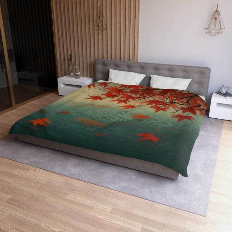 Japanese Koi Pond Bedding Set | Maple Leaves & Water Ripples Duvet ...