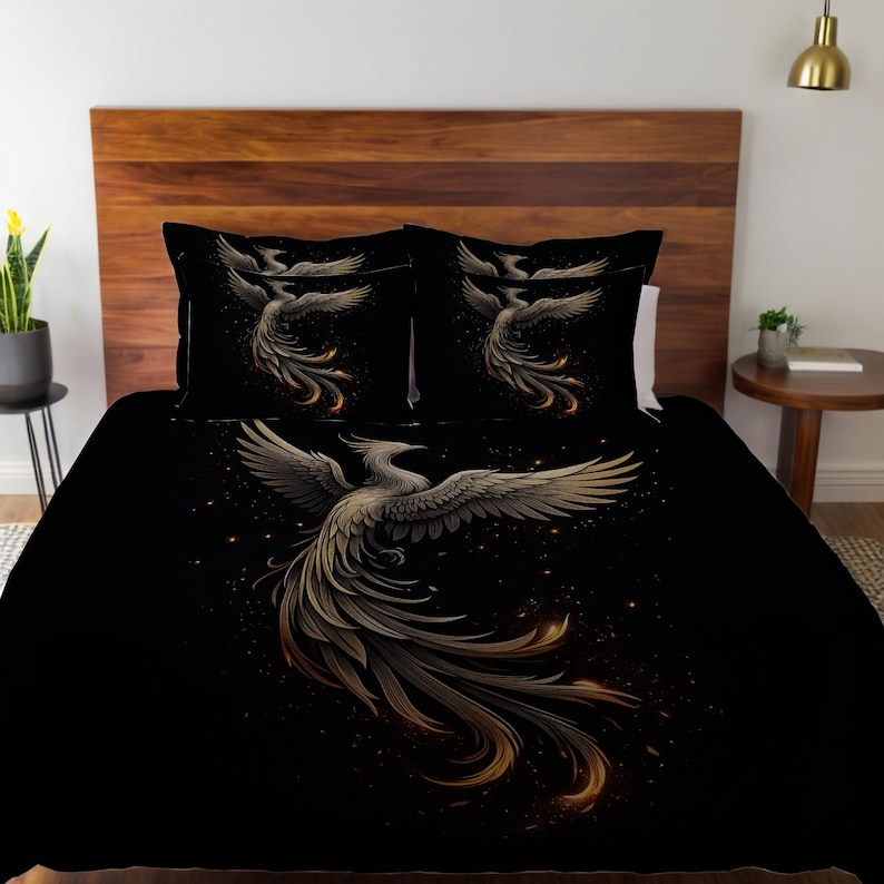 Golden Phoenix Comforter Set – Black Mythical Bird Bedding, Elegant ...