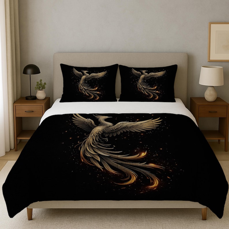 Golden Phoenix Comforter Set – Black Mythical Bird Bedding, Elegant ...