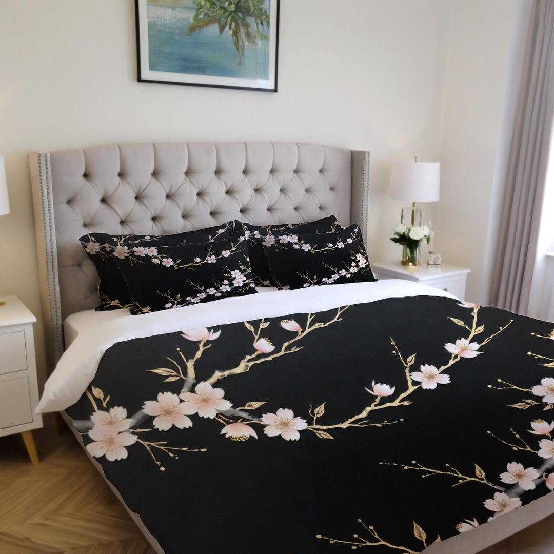 Luxury Black Cherry Blossom Comforter Set - Floral Duvet Cover & Pillow ...