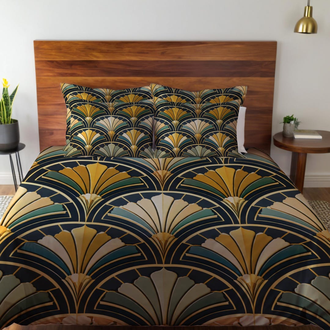 Art Deco Comforter Set | Glam Fan Pattern Bedding | Elegant Vintage Bed ...