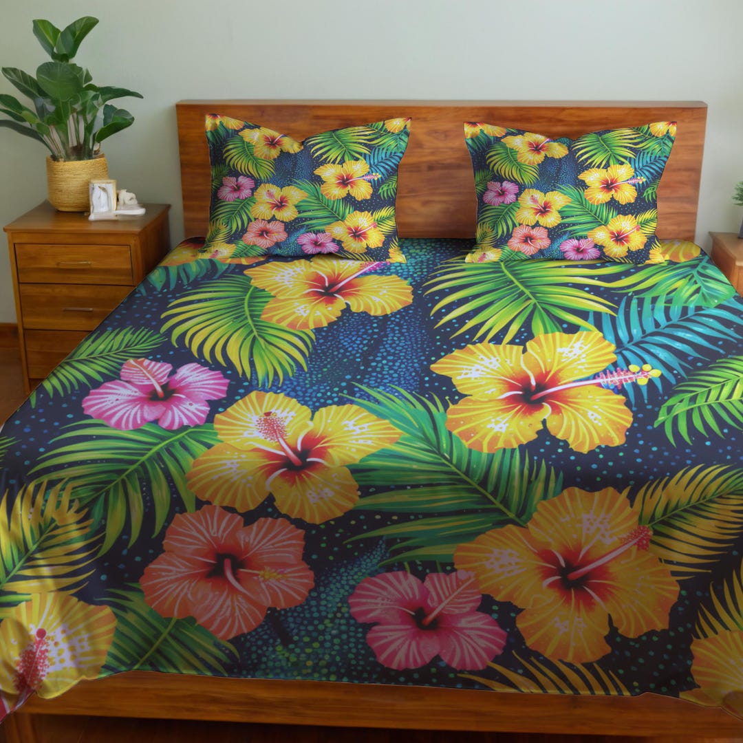Colorful Tropical Flowers and Palm Leaves, Floral Bedding Set ...