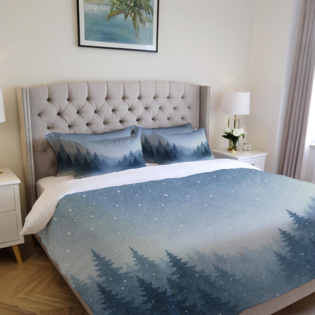 Winter Forest Comforter Set – Blue Pine Tree Bedding, Cozy Duvet Cover ...