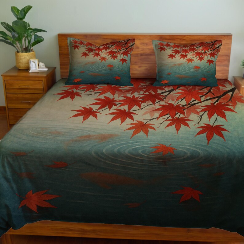 Japanese Koi Pond Bedding Set | Maple Leaves & Water Ripples Duvet ...