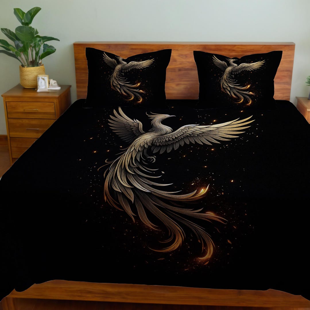 Golden Phoenix Comforter Set – Black Mythical Bird Bedding, Elegant ...