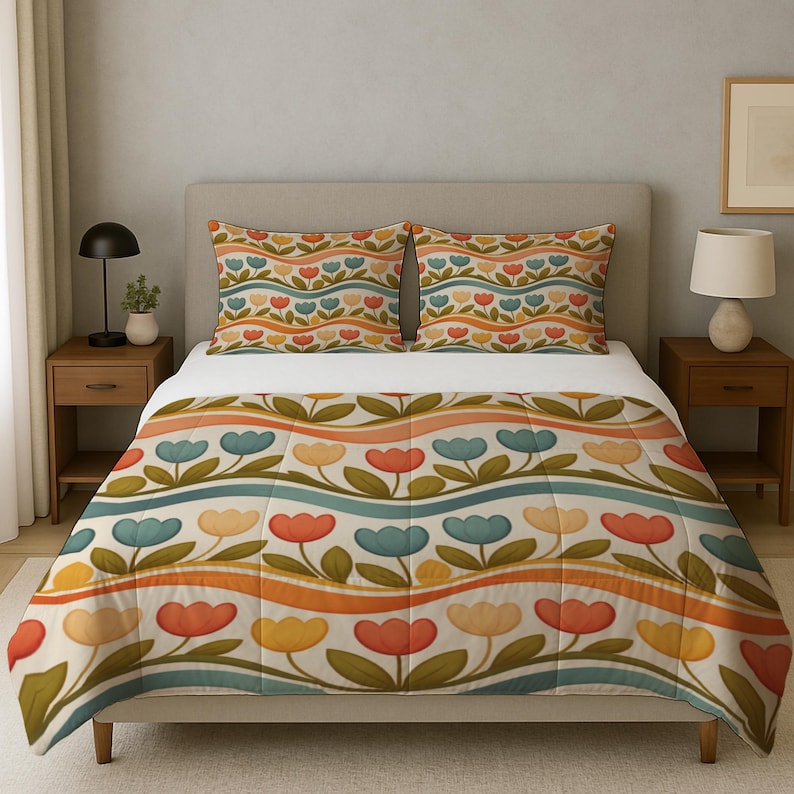 Retro Floral Bedding Set – 70s Tulip Wave Duvet Cover & Pillow Shams, Mid Century Modern Boho ...