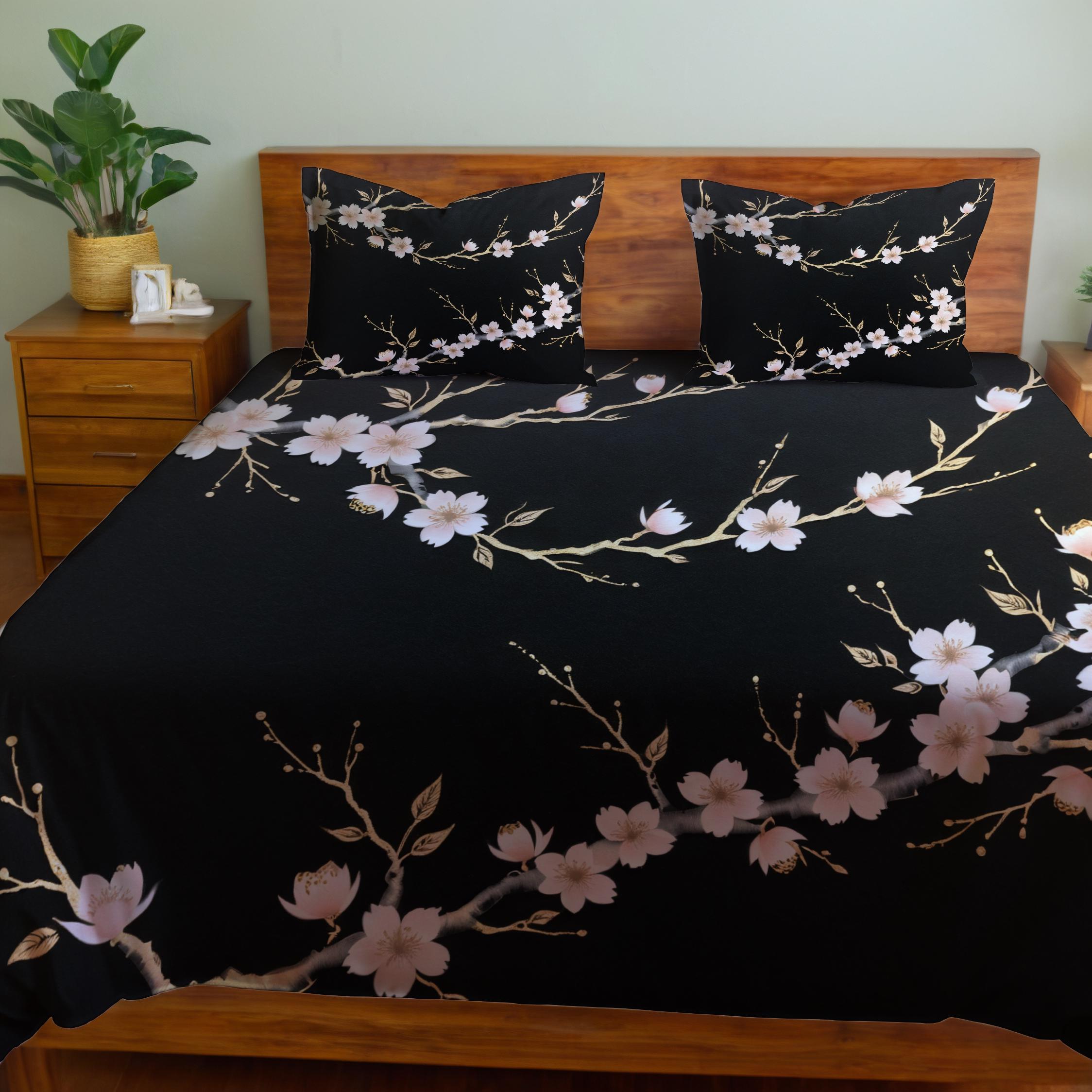 Luxury Black Cherry Blossom Comforter Set - Floral Duvet Cover & Pillow ...