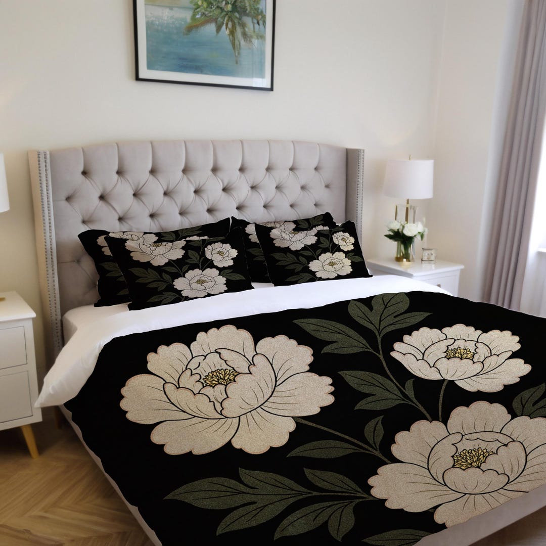 Peony Flower Comforter Set – Black Floral Bedding, Japanese Botanical ...