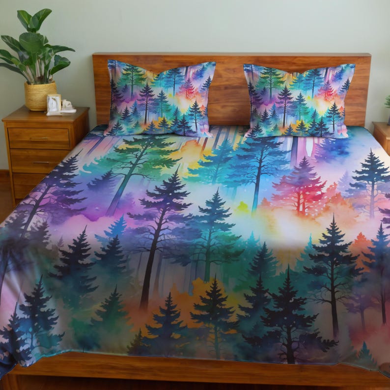 Watercolor Forest Landscape Dreamy Comforter, Duvet Cover Matching ...