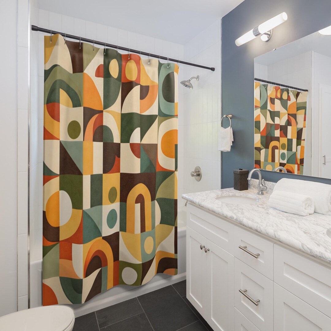 Mid Century Geometric Pattern Shower Curtain | Retro Abstract Shapes - Etsy