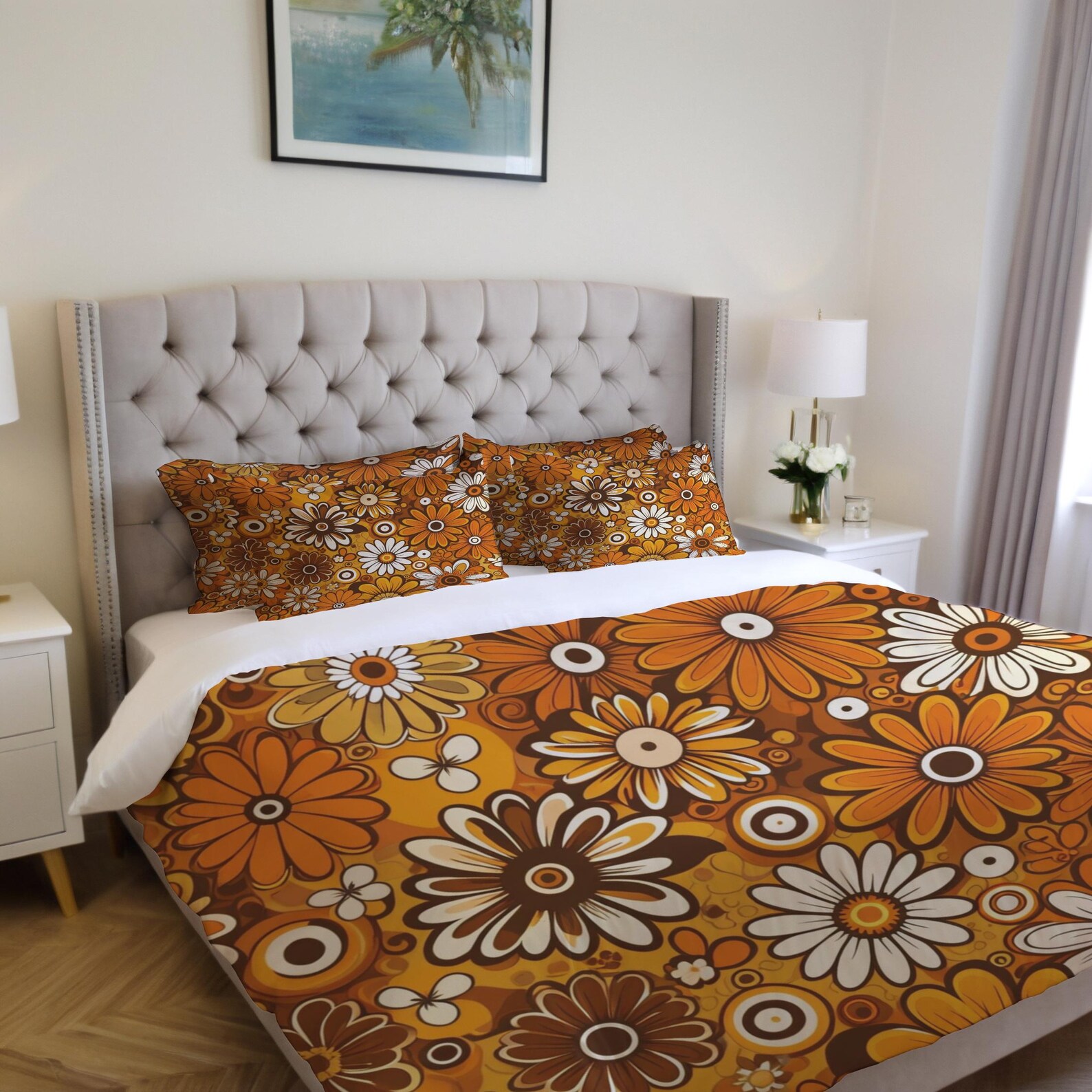 Retro ’70s Floral Bedding – Funky Orange & Brown Vintage Flower Print ...