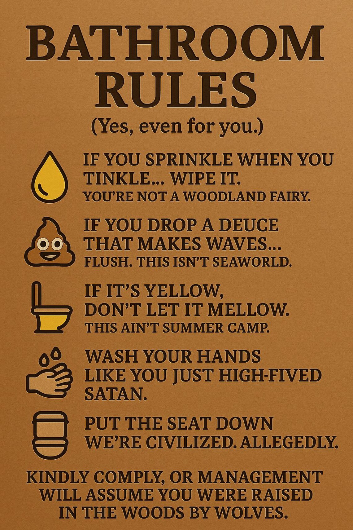 Funny Bathroom Rules Sign – Printable Wall Art, 8x10 16x20 24x36 ...
