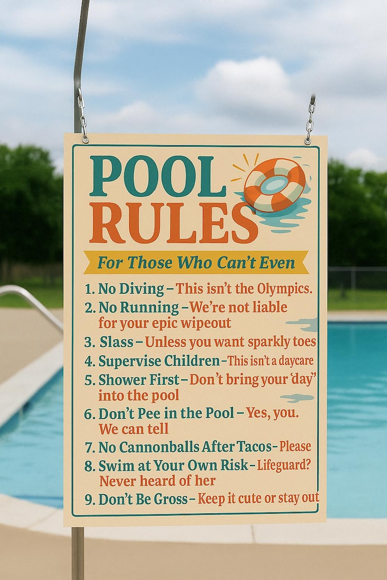 Funny Pool Rules Sign Printable – Backyard or Poolside Decor – No ...