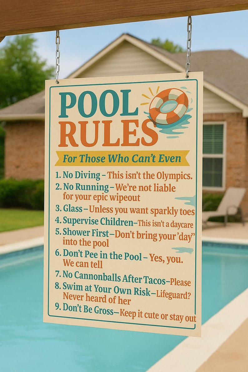 Funny Pool Rules Sign Printable – Backyard or Poolside Decor – No ...
