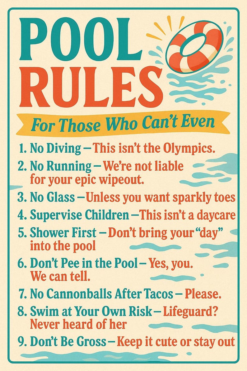Funny Pool Rules Sign Printable – Backyard or Poolside Decor – No ...