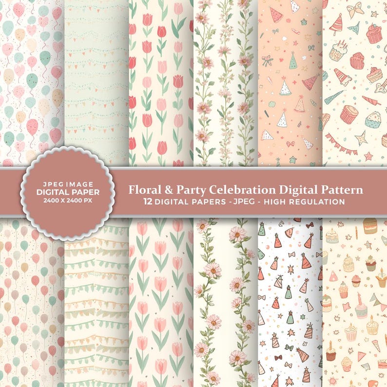 Floral & Party Celebration Digital Pattern | Festive Printable Paper ...