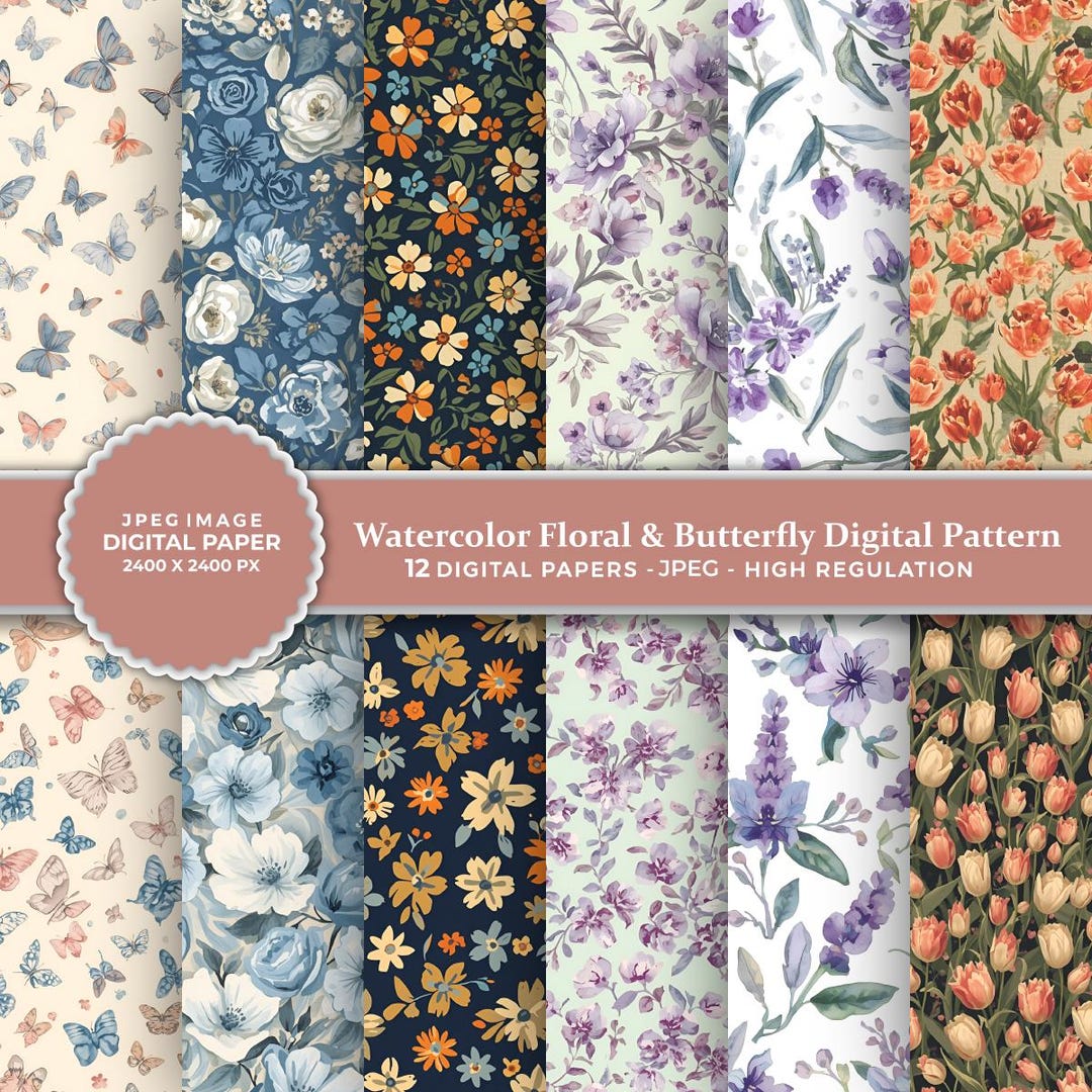Watercolor Floral & Butterfly Digital Pattern | Vintage Spring ...