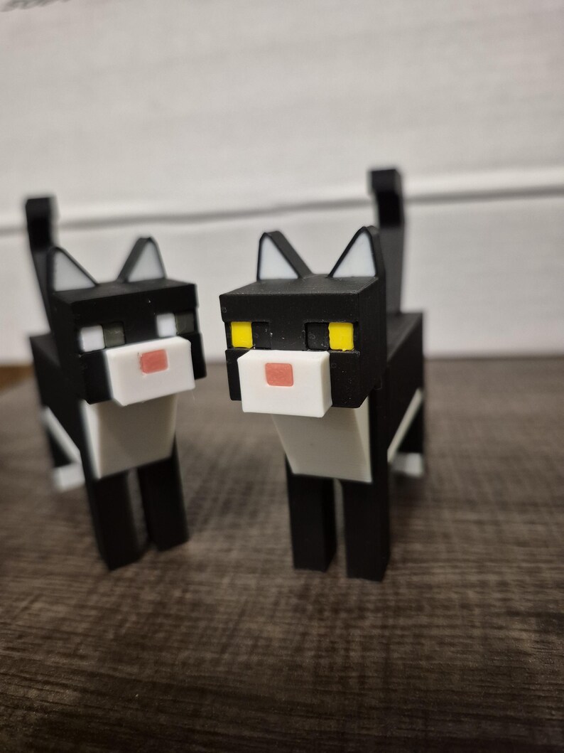 Tuxedo Block Cat Figurine | Pixel Style Black and White Kitty Standing ...