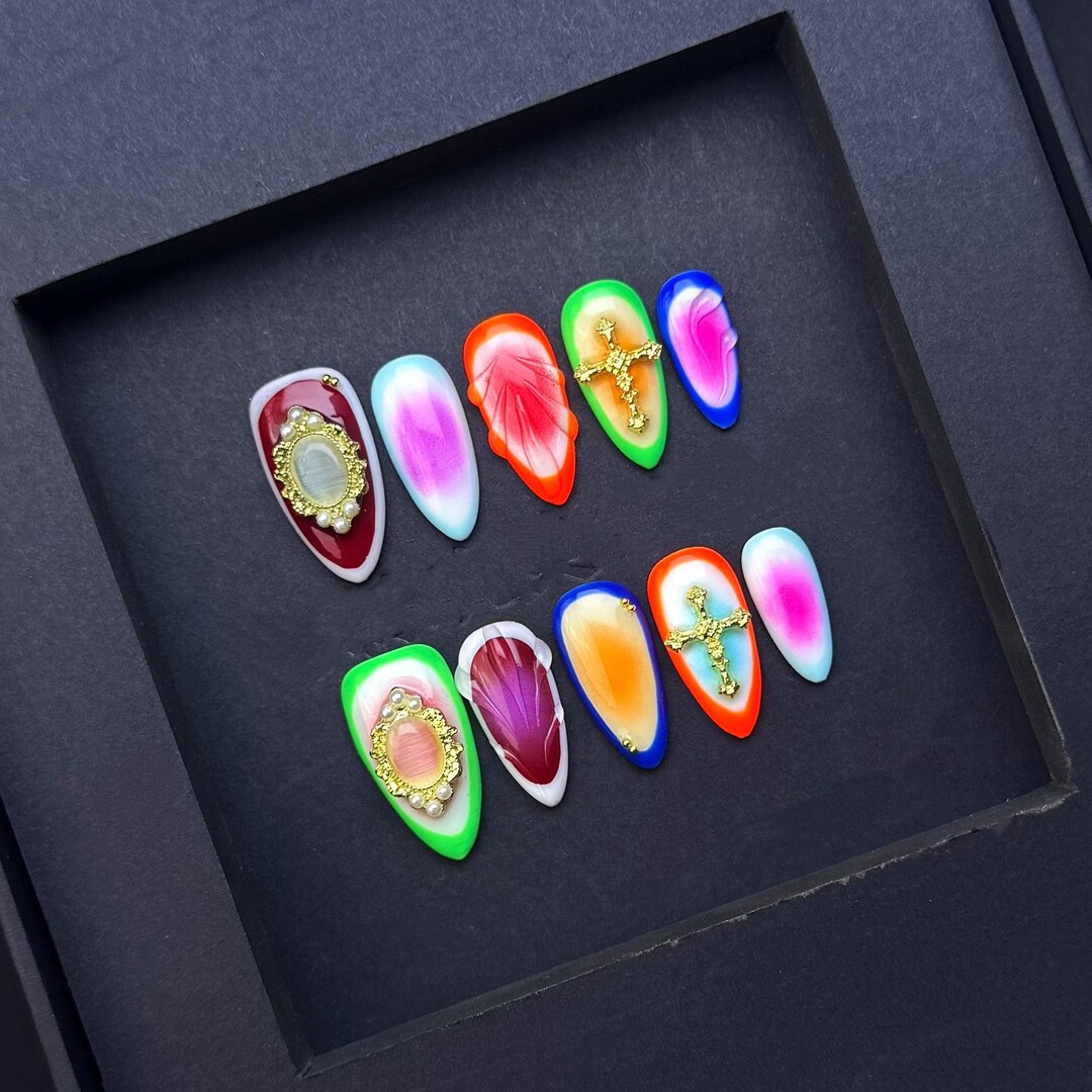 Neon Cross and Gemstone Statement Press on Nails Manicure Press on ...