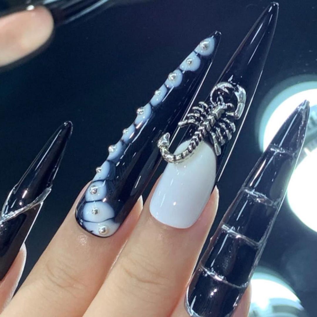 Dark Venom Press-on Nails Black & White Gothic Set With Scorpion and ...
