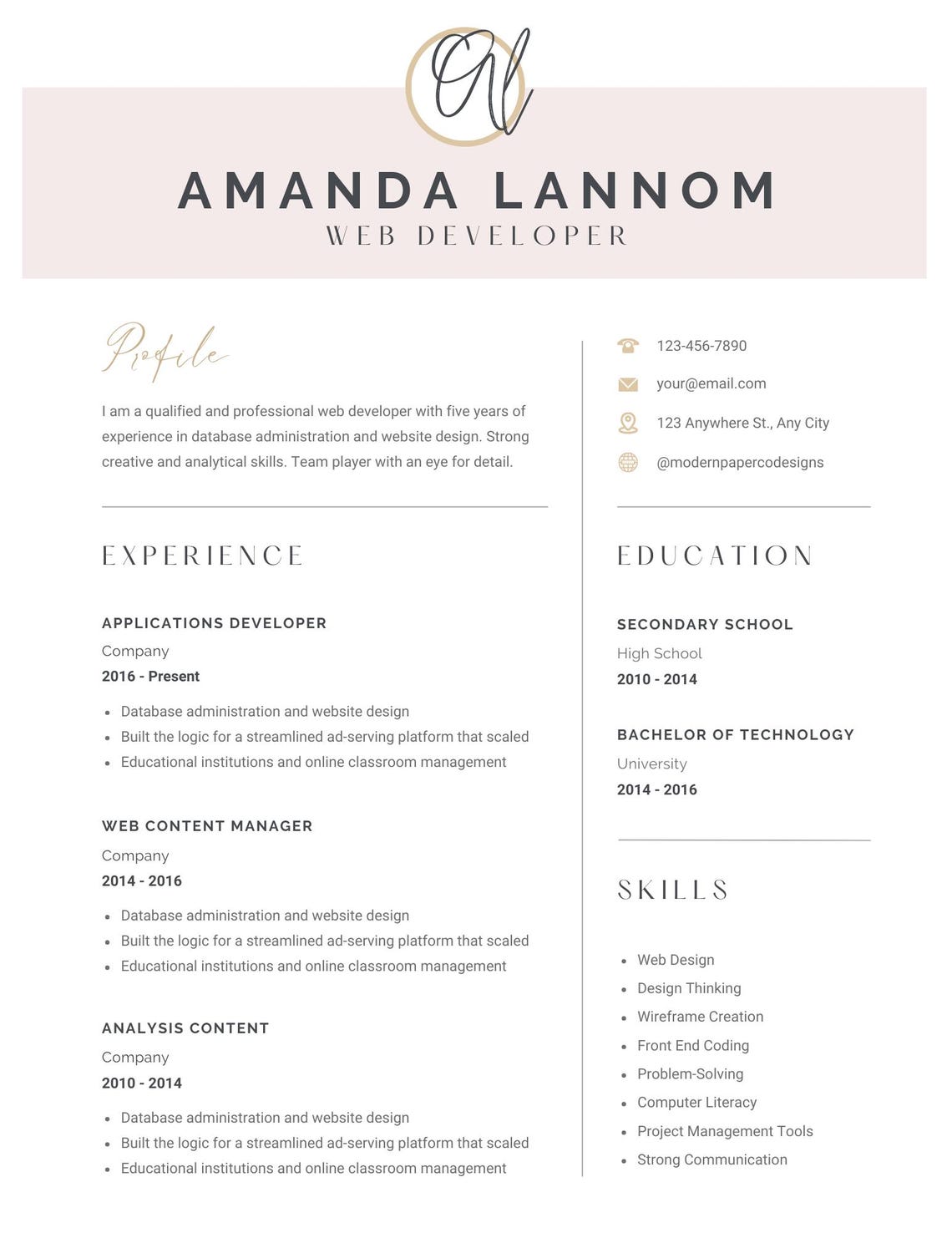 Resume Template - Digital Download - Customizable - Etsy