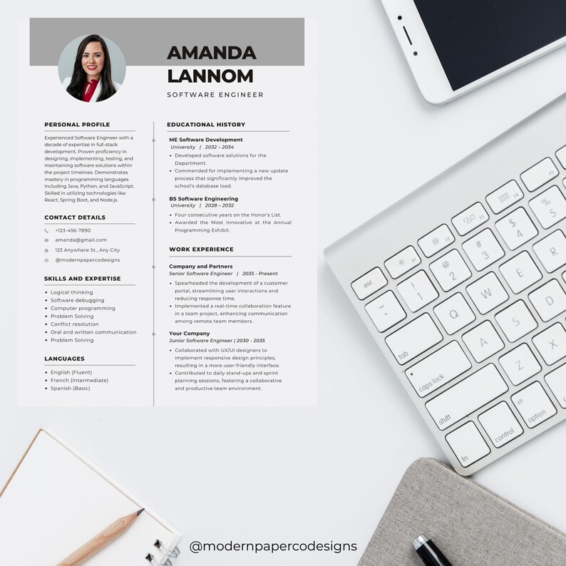 Profession Resume Template With Picture - Customizable - Instant ...