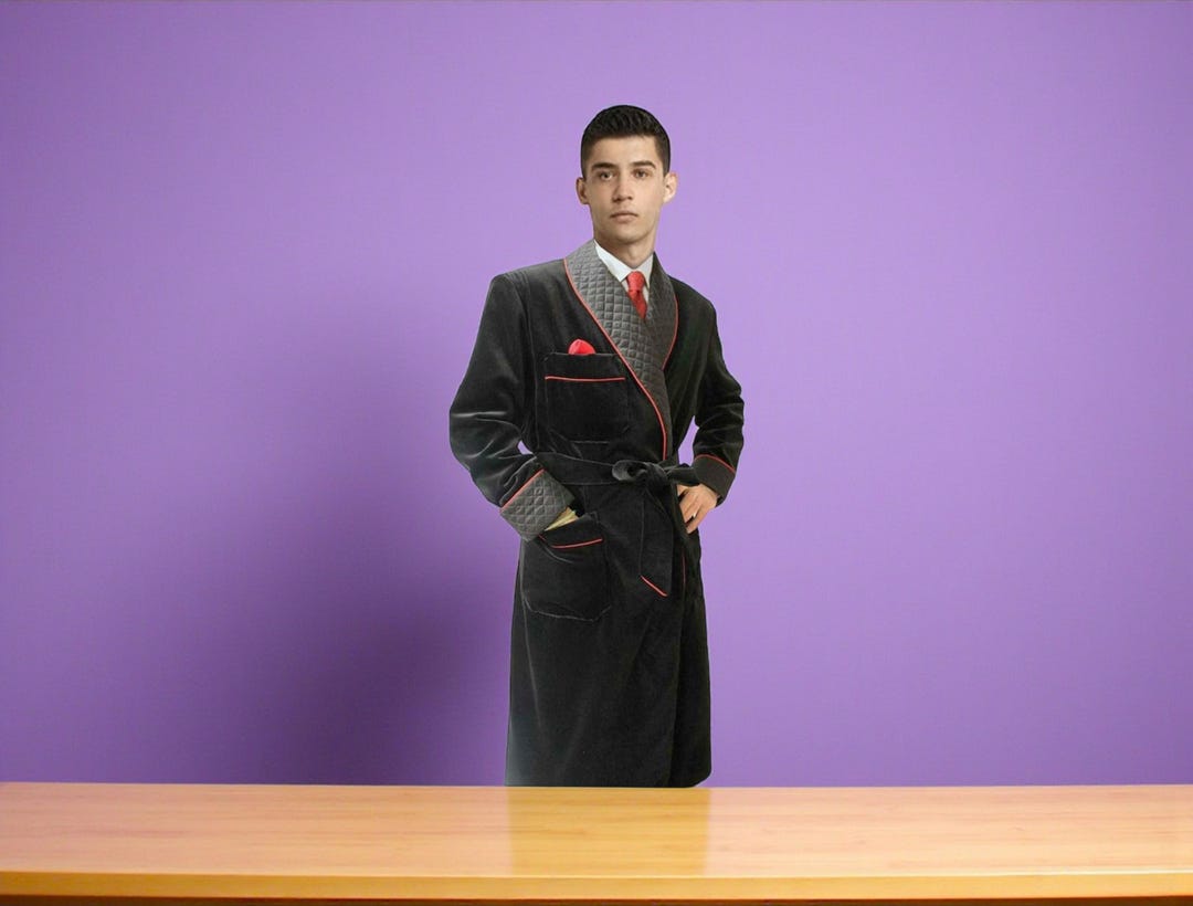 Men’s Black Velvet Smoking Jacket, Quilted Robe Coat for Dinner Parties ...