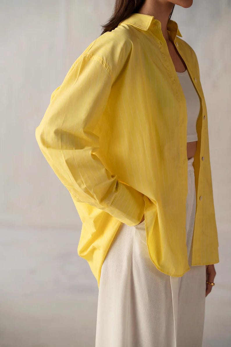 Oversized Yellow Button-up Shirt – Lightweight Cotton Long Sleeve ...