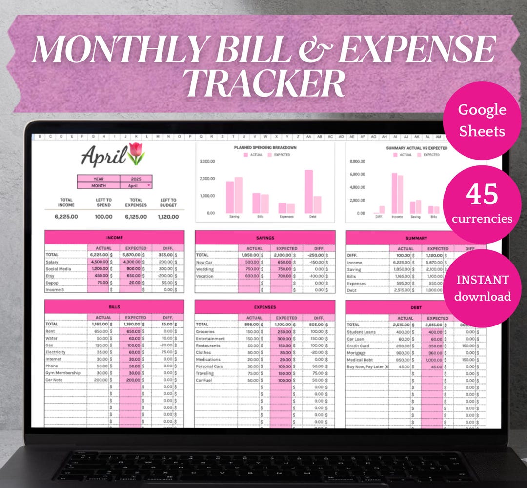 Bill and Expense Tracker Monthly Spreadsheet, Pink Budget Tracker ...
