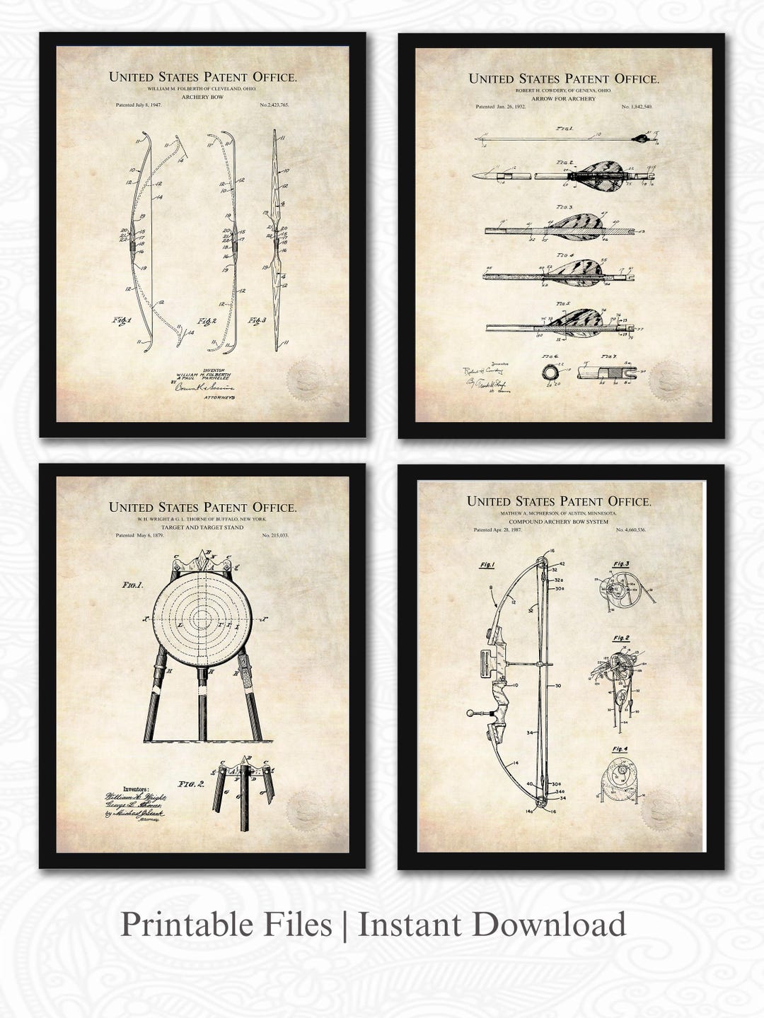 Archery Patent Art Set | 3 JPG Downloads | Bow, Arrow & Target Diagrams ...