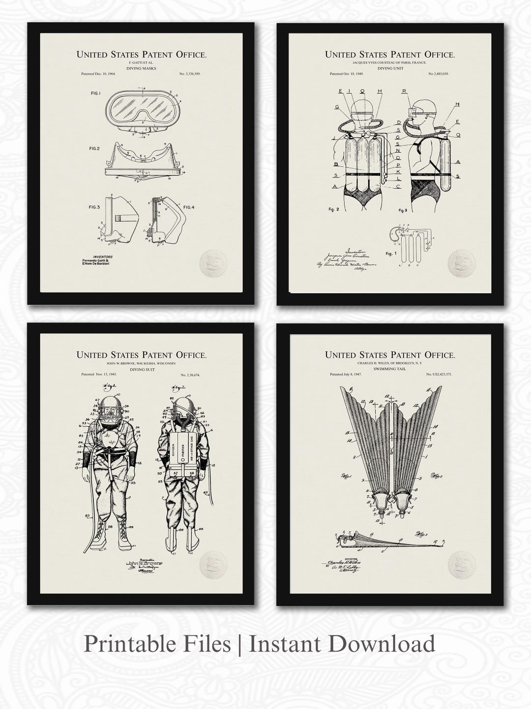 Vintage Diving Collection | | Set of 4 JPG Image Downloads | Linen ...