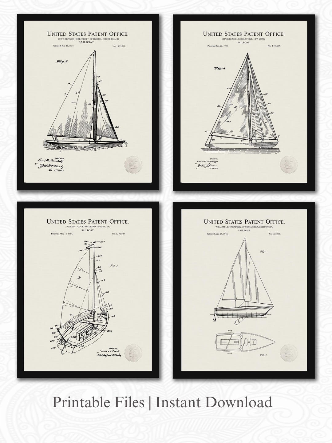 Modern Sailboat Design Set | Set of 4 JPG Downloads | Linen Background ...