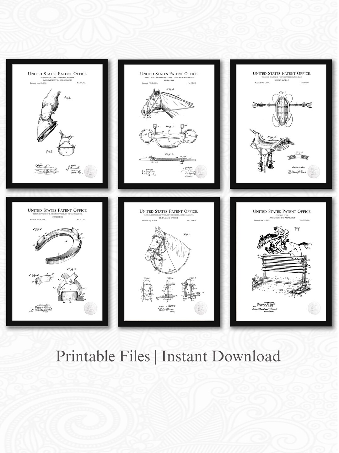 Vintage Horse Equipment Patents | White Background | Set of 6 Image ...