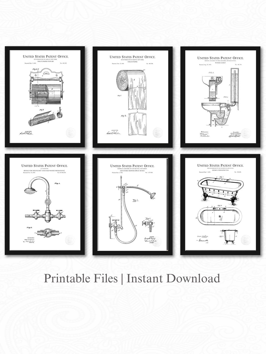Retro Bathroom Design Patents | Set of 6 JPG Image Downloads | White ...