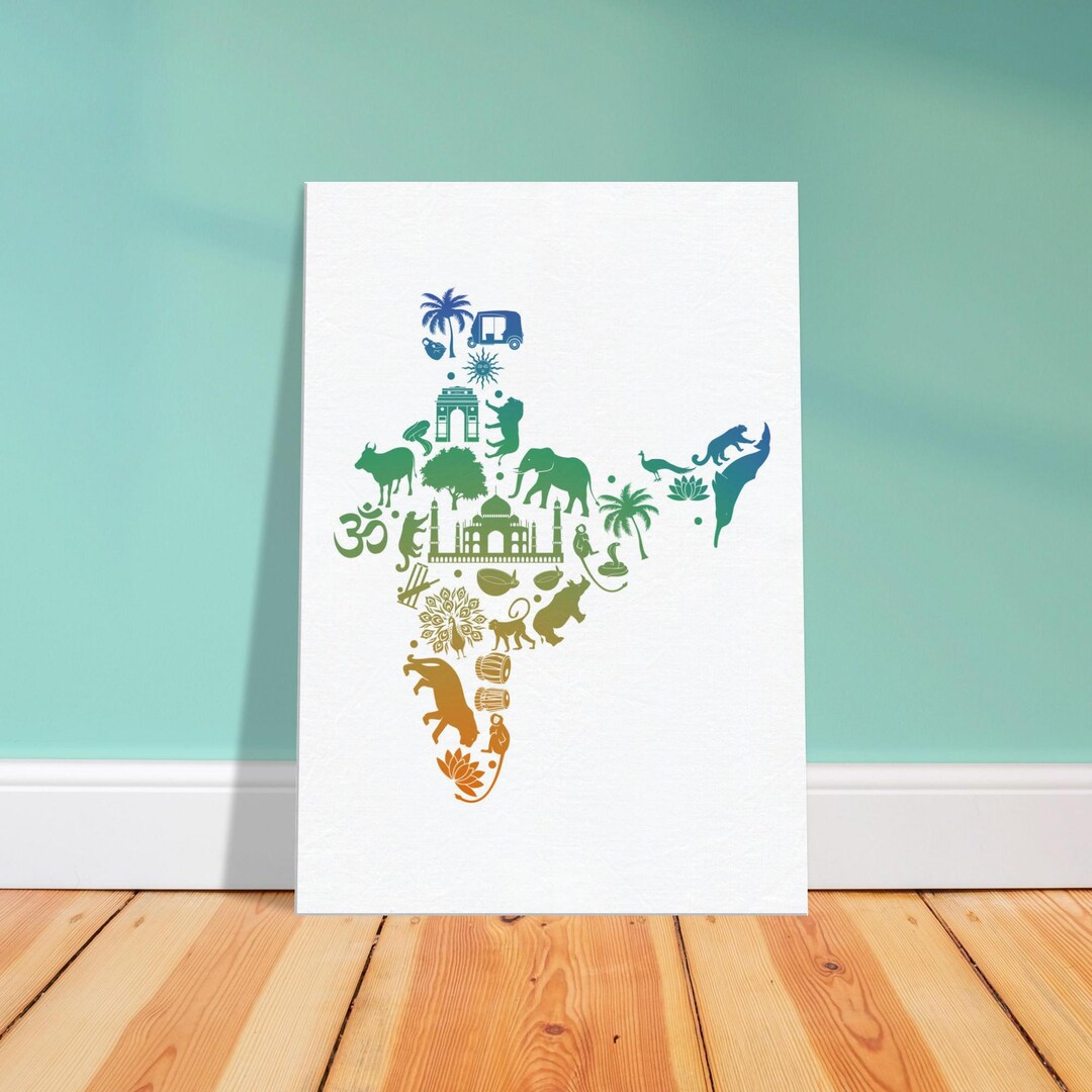 Unique India Wall Art | Colourful Map With Native Wildlife Symbols ...