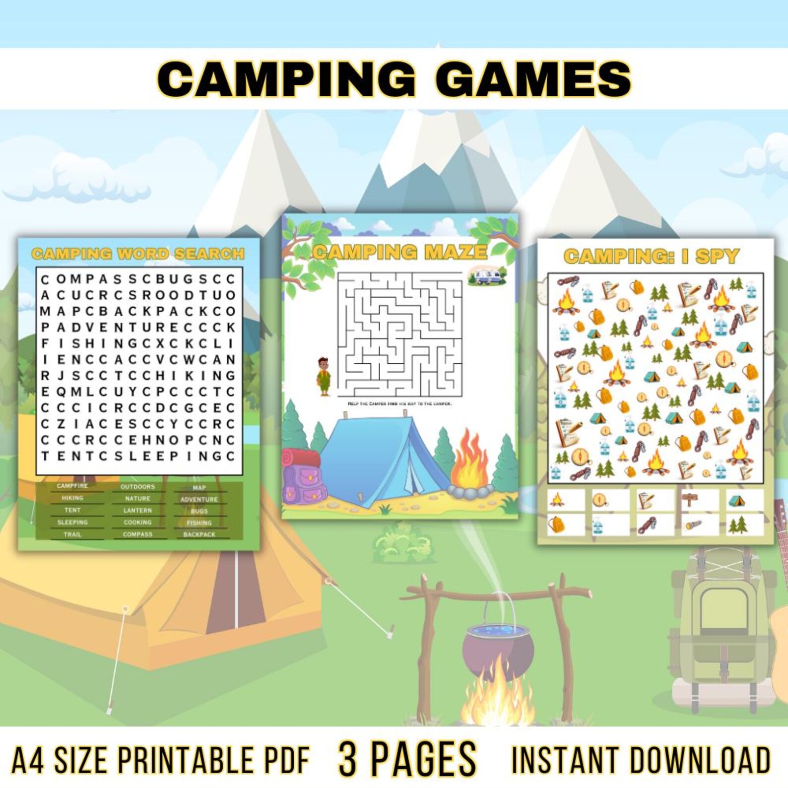 Camping Activity Pack for Kids: I Spy, Maze, Word Search (digital ...