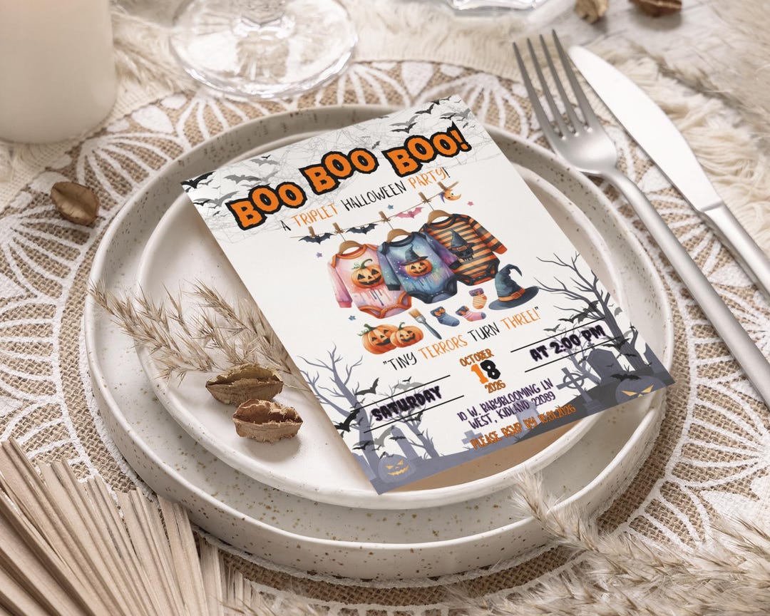 Spooky Triplet Birthday Invitation: Halloween Theme (digital Download ...