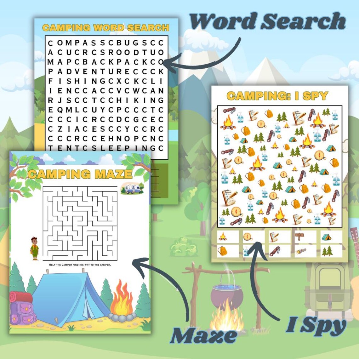 Camping Activity Pack for Kids: I Spy, Maze, Word Search (digital ...