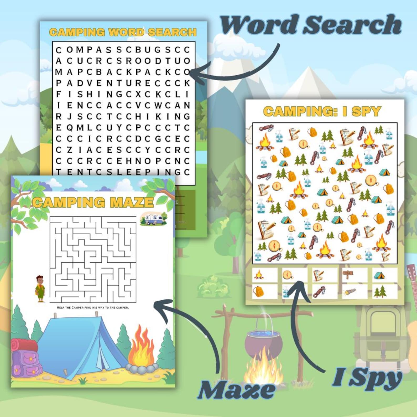 Camping Activity Pack for Kids: I Spy, Maze, Word Search (digital ...