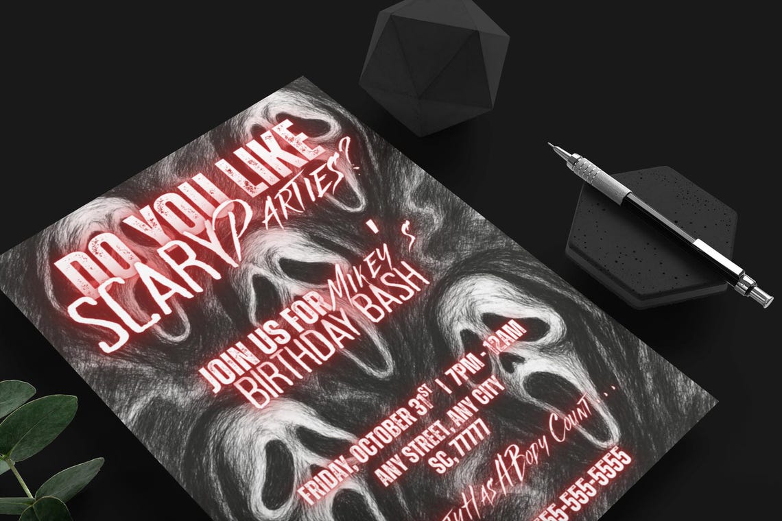 Ghostface Birthday Invitation, 90s Horror Movie, Editable Halloween ...