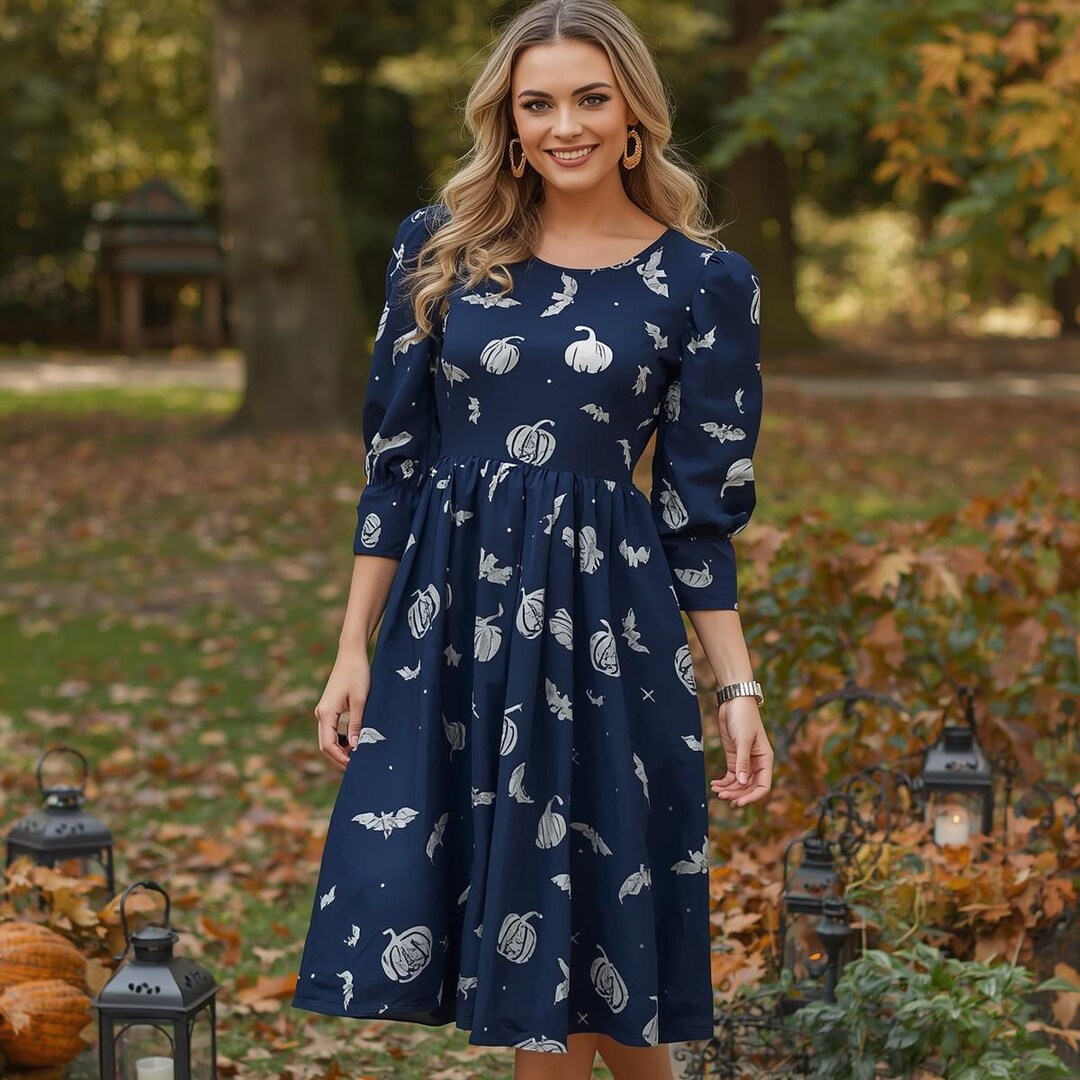 Navy Halloween Midi Dress With Pumpkin & Bat Print – Long Sleeve Fall ...