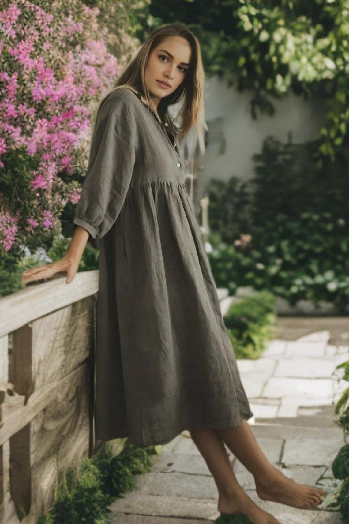 Boho Fall Linen Dress – Earth Tone Midi With Buttons – Comfortable ...