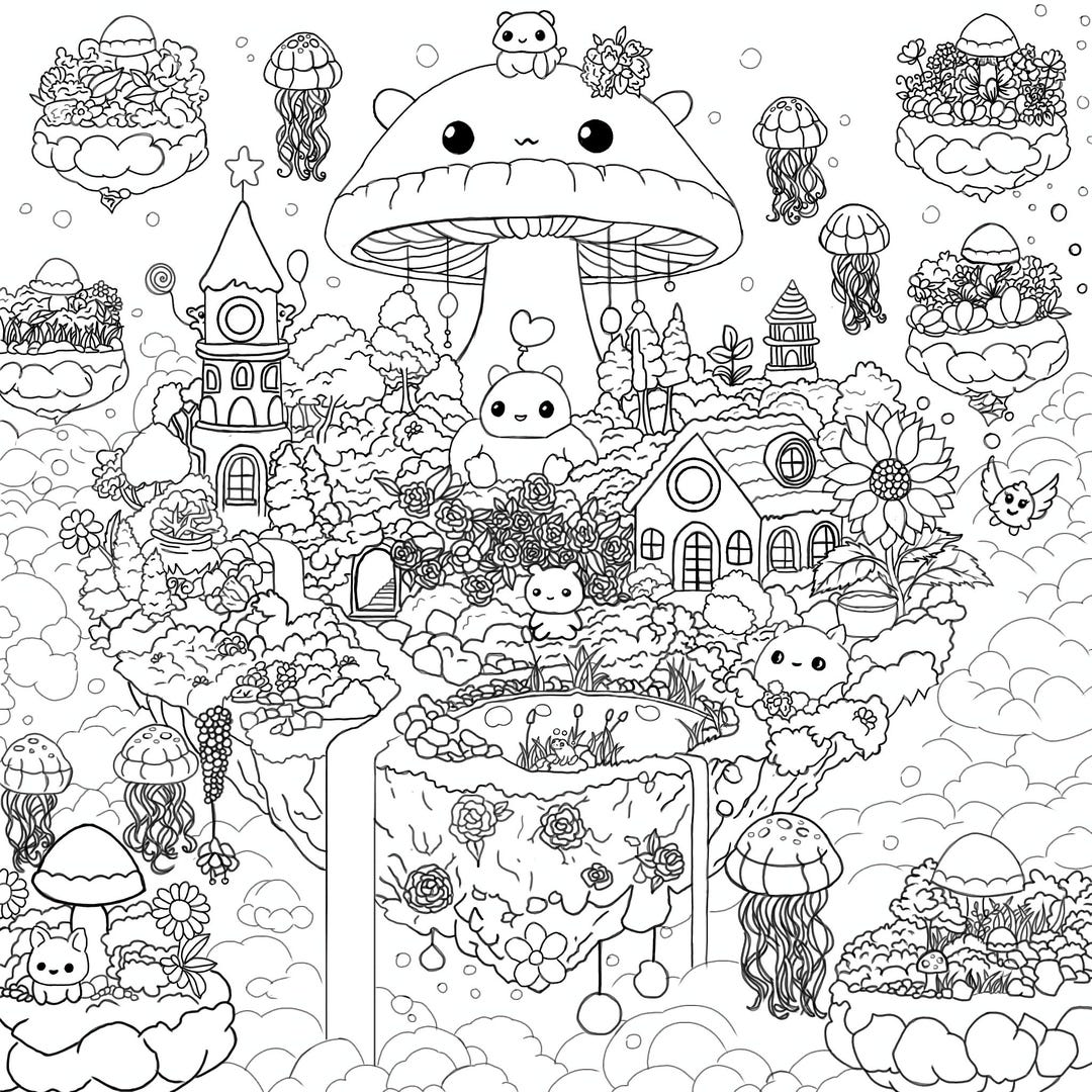 Whimsical Floating Island Coloring Page – Cute Fantasy Mushroom World ...